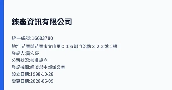 錸鑫資訊有限公司的照片-統編 16683780(苗栗縣) 公司登記資料與營業項目詳細圖表