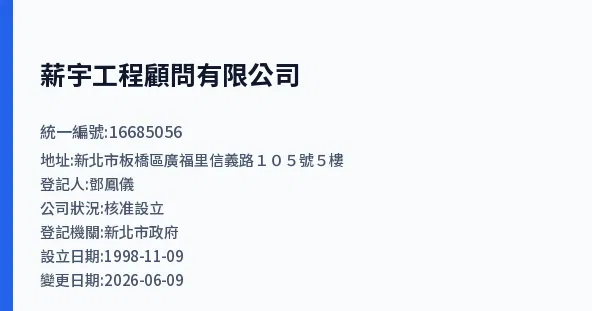 薪宇工程顧問有限公司的照片-統編 16685056(新北市) 公司登記資料與營業項目詳細圖表