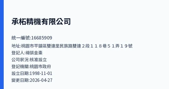 承柘精機有限公司的照片-統編 16685909(桃園市) 公司登記資料與營業項目詳細圖表