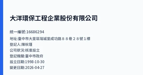 大洋環保工程企業股份有限公司的照片-統編 16686294(臺中市) 公司登記資料與營業項目詳細圖表