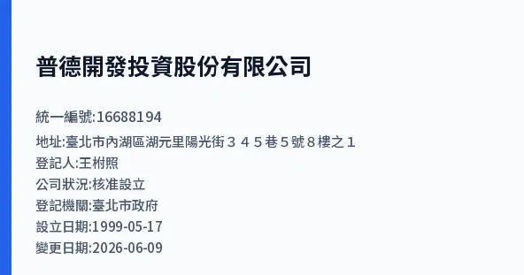 普德開發投資股份有限公司的照片-統編 16688194(臺北市) 公司登記資料與營業項目詳細圖表