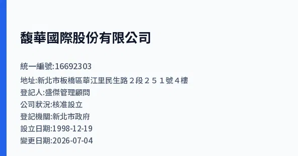 馥華國際股份有限公司的照片-統編 16692303(新北市) 公司登記資料與營業項目詳細圖表