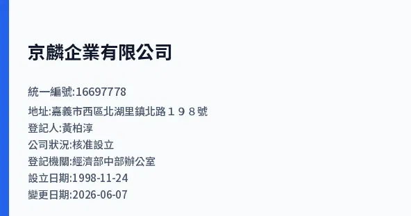京麟企業有限公司的照片-統編 16697778(嘉義市) 公司登記資料與營業項目詳細圖表