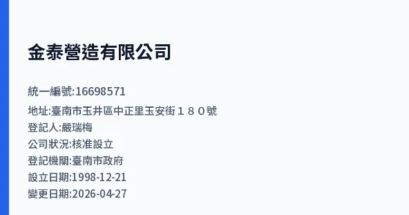 金泰營造有限公司的照片-統編 16698571(臺南市) 公司登記資料與營業項目詳細圖表