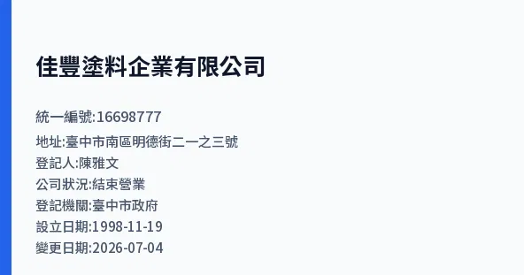 佳豐塗料企業有限公司的照片-統編 16698777(臺中市) 公司登記資料與營業項目詳細圖表