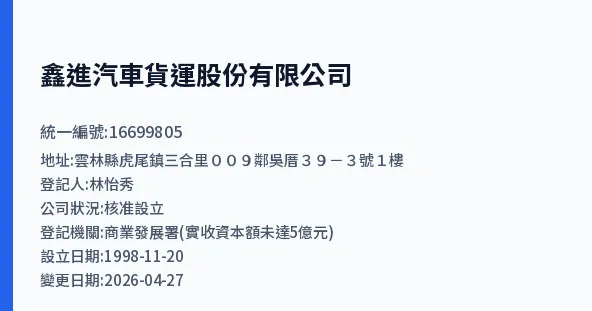 鑫進汽車貨運股份有限公司的照片-統編 16699805(雲林縣) 公司登記資料與營業項目詳細圖表