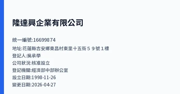 隆達興企業有限公司的照片-統編 16699874(花蓮縣) 公司登記資料與營業項目詳細圖表