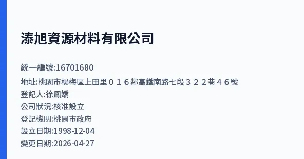 溙旭資源材料有限公司的照片-統編 16701680(桃園市) 公司登記資料與營業項目詳細圖表