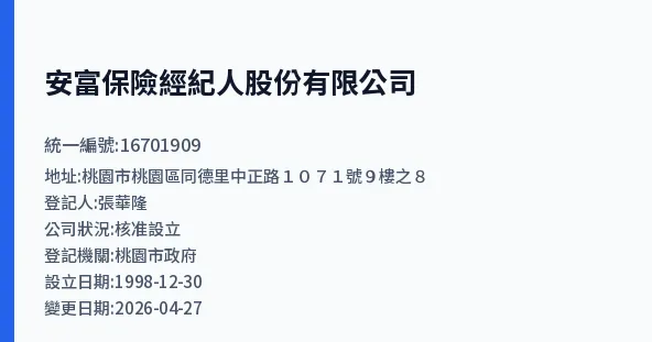 安富保險經紀人股份有限公司的照片-統編 16701909(桃園市) 公司登記資料與營業項目詳細圖表