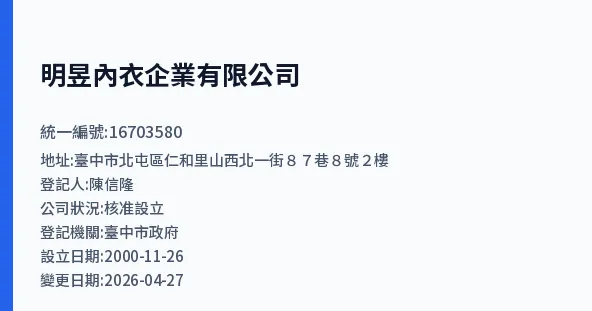 明昱內衣企業有限公司的照片-統編 16703580(臺中市) 公司登記資料與營業項目詳細圖表