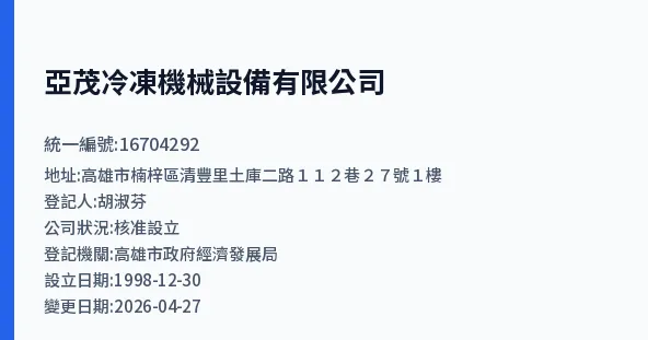 亞茂冷凍機械設備有限公司的照片-統編 16704292(高雄市) 公司登記資料與營業項目詳細圖表