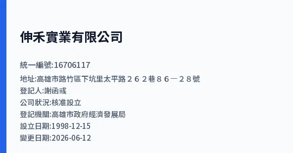 伸禾實業有限公司的照片-統編 16706117(高雄市) 公司登記資料與營業項目詳細圖表