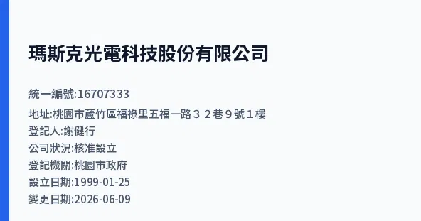 瑪斯克光電科技股份有限公司的照片-統編 16707333(桃園市) 公司登記資料與營業項目詳細圖表