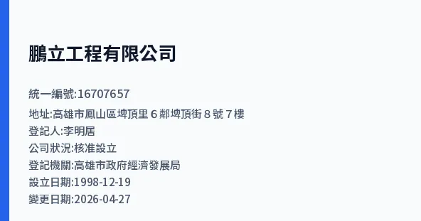 鵬立工程有限公司的照片-統編 16707657(高雄市) 公司登記資料與營業項目詳細圖表
