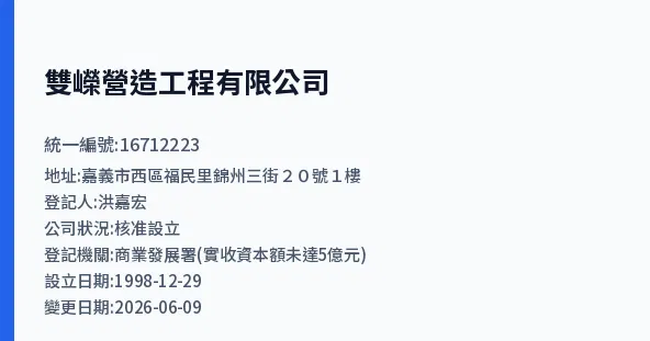 雙嶸營造工程有限公司的照片-統編 16712223(嘉義市) 公司登記資料與營業項目詳細圖表