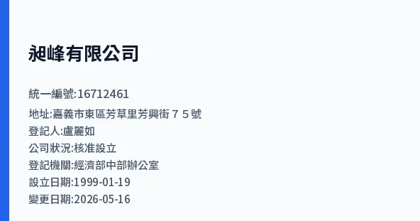 昶峰有限公司的照片-統編 16712461(嘉義市) 公司登記資料與營業項目詳細圖表