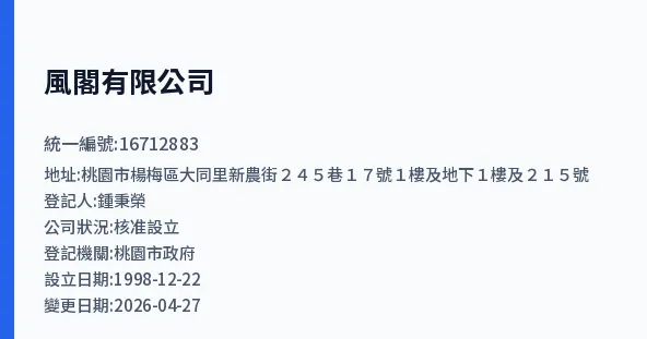 風閣有限公司的照片-統編 16712883(桃園市) 公司登記資料與營業項目詳細圖表