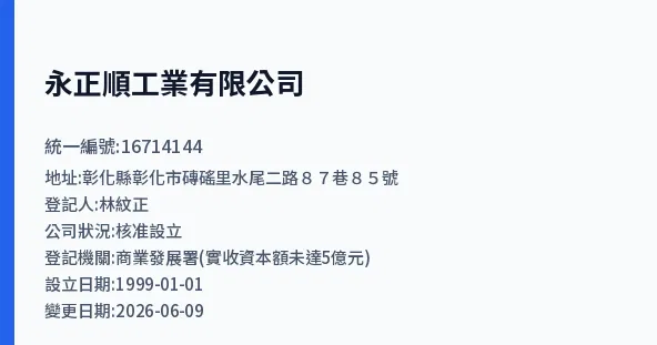 永正順工業有限公司的照片-統編 16714144(彰化縣) 公司登記資料與營業項目詳細圖表