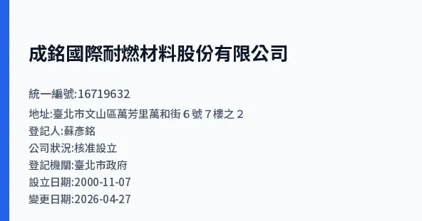 成銘國際耐燃材料股份有限公司的照片-統編 16719632(臺北市) 公司登記資料與營業項目詳細圖表
