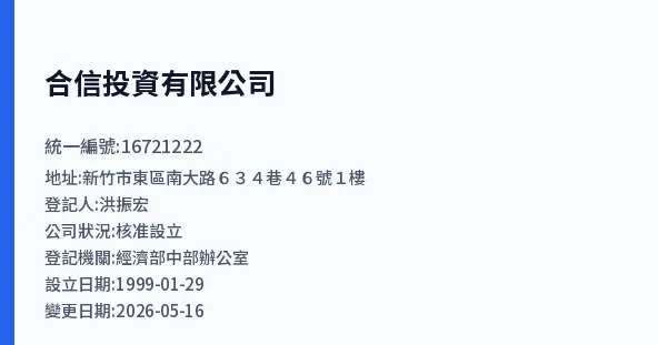 合信投資有限公司的照片-統編 16721222(新竹市) 公司登記資料與營業項目詳細圖表
