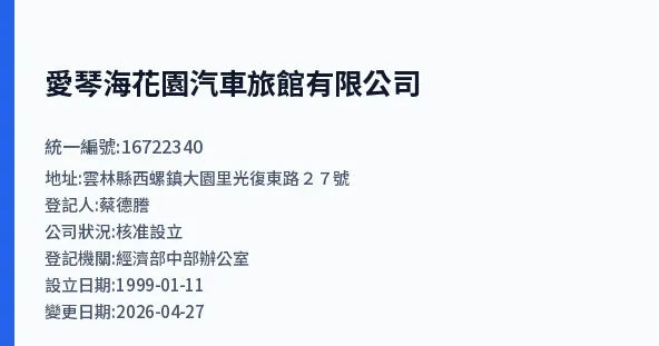 愛琴海花園汽車旅館有限公司的照片-統編 16722340(雲林縣) 公司登記資料與營業項目詳細圖表