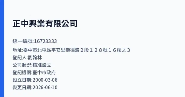 正中興業有限公司的照片-統編 16723333(臺中市) 公司登記資料與營業項目詳細圖表