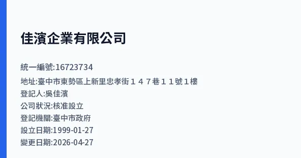 佳濱企業有限公司的照片-統編 16723734(臺中市) 公司登記資料與營業項目詳細圖表