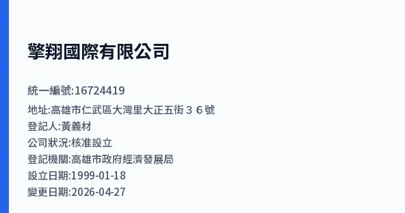 擎翔國際有限公司的照片-統編 16724419(高雄市) 公司登記資料與營業項目詳細圖表
