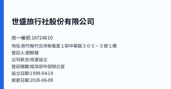 世盛旅行社股份有限公司的照片-統編 16724810(新竹縣) 公司登記資料與營業項目詳細圖表