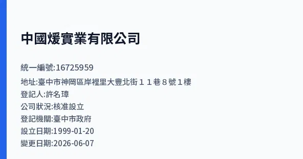 中國煖實業有限公司的照片-統編 16725959(臺中市) 公司登記資料與營業項目詳細圖表