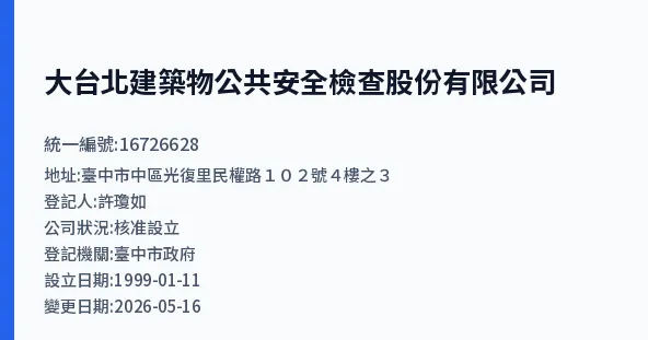大台北建築物公共安全檢查股份有限公司的照片-統編 16726628(臺中市) 公司登記資料與營業項目詳細圖表