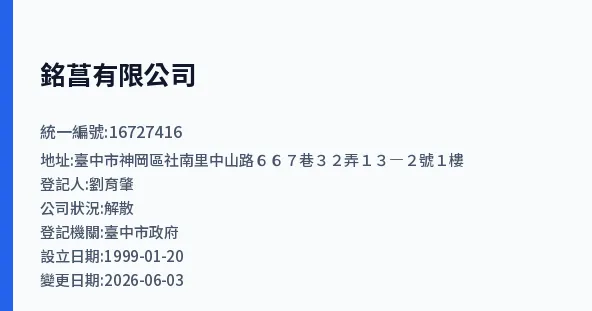 銘菖有限公司的照片-統編 16727416(臺中市) 公司登記資料與營業項目詳細圖表