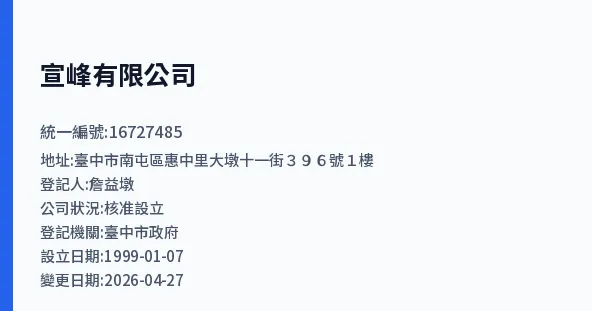 宣峰有限公司的照片-統編 16727485(臺中市) 公司登記資料與營業項目詳細圖表