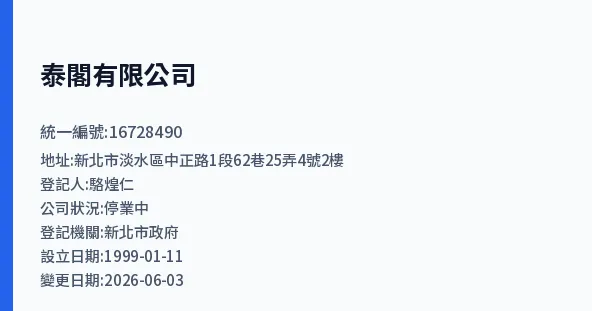 泰閣有限公司的照片-統編 16728490(新北市) 公司登記資料與營業項目詳細圖表
