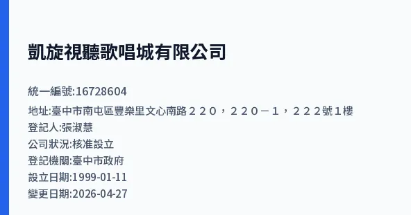 凱旋視聽歌唱城有限公司的照片-統編 16728604(臺中市) 公司登記資料與營業項目詳細圖表