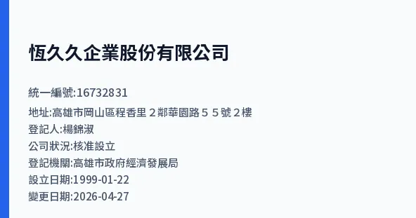 恆久久企業股份有限公司的照片-統編 16732831(高雄市) 公司登記資料與營業項目詳細圖表