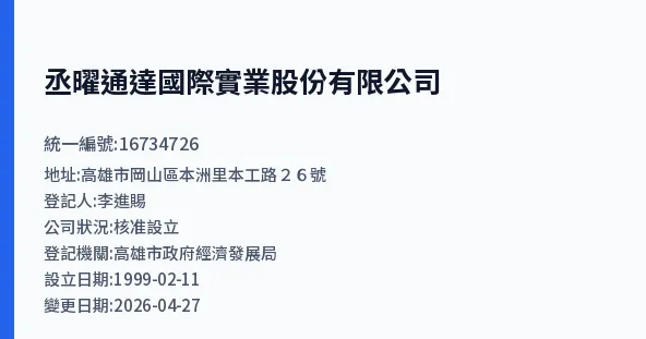 丞曜通達國際實業股份有限公司的照片-統編 16734726(高雄市) 公司登記資料與營業項目詳細圖表