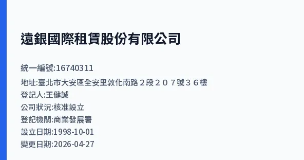 遠銀國際租賃股份有限公司的照片-統編 16740311(臺北市) 公司登記資料與營業項目詳細圖表