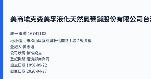 美商埃克森美孚液化天然氣營銷股份有限公司台灣分公司的照片-統編 16741108(臺北市) 公司登記資料與營業項目詳細圖表