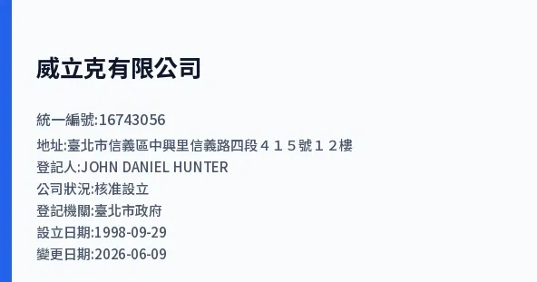 威立克有限公司的照片-統編 16743056(臺北市) 公司登記資料與營業項目詳細圖表