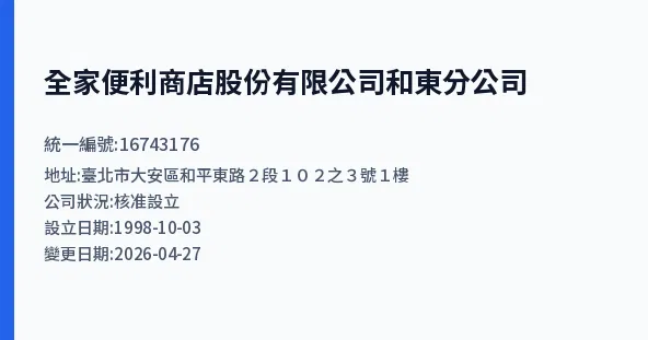 全家便利商店股份有限公司和東分公司的照片-統編 16743176(臺北市) 公司登記資料與營業項目詳細圖表