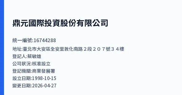 鼎元國際投資股份有限公司的照片-統編 16744288(臺北市) 公司登記資料與營業項目詳細圖表