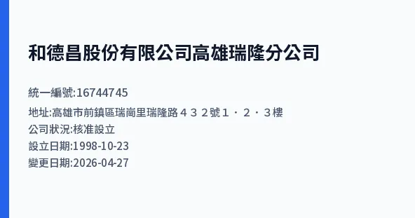 和德昌股份有限公司高雄瑞隆分公司的照片-統編 16744745(高雄市) 公司登記資料與營業項目詳細圖表