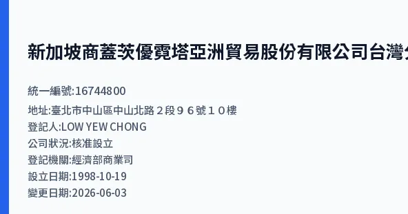 新加坡商蓋茨優霓塔亞洲貿易股份有限公司台灣分公司的照片-統編 16744800(臺北市) 公司登記資料與營業項目詳細圖表