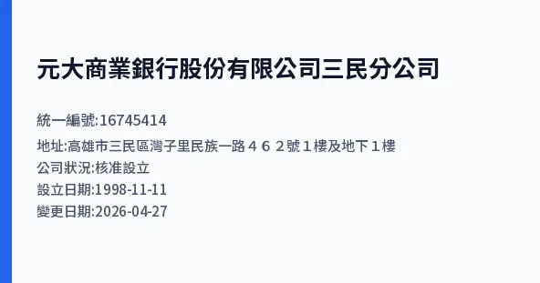 元大商業銀行股份有限公司三民分公司的照片-統編 16745414(高雄市) 公司登記資料與營業項目詳細圖表