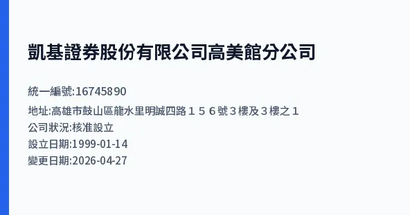 凱基證券股份有限公司高美館分公司的照片-統編 16745890(高雄市) 公司登記資料與營業項目詳細圖表