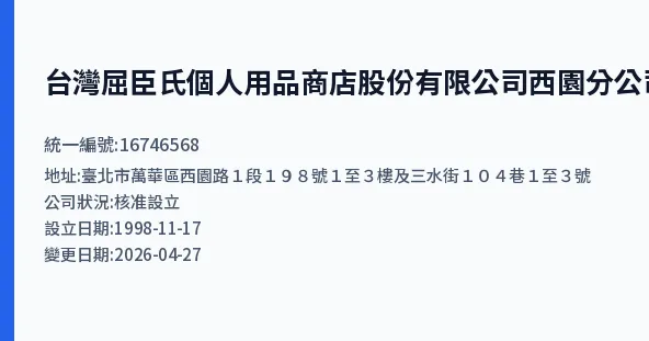 台灣屈臣氏個人用品商店股份有限公司西園分公司的照片-統編 16746568(臺北市) 公司登記資料與營業項目詳細圖表