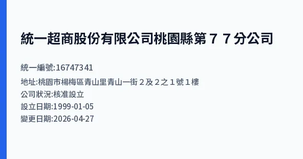 統一超商股份有限公司桃園縣第77分公司的照片-統編 16747341(桃園市) 公司登記資料與營業項目詳細圖表