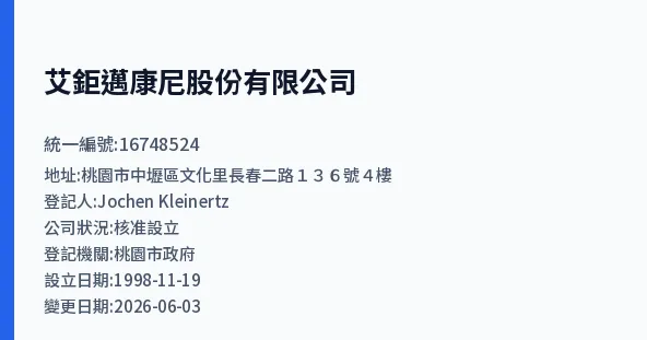 艾鉅邁康尼股份有限公司的照片-統編 16748524(桃園市) 公司登記資料與營業項目詳細圖表
