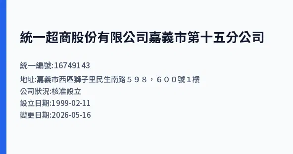 統一超商股份有限公司嘉義市第十五分公司的照片-統編 16749143(嘉義市) 公司登記資料與營業項目詳細圖表